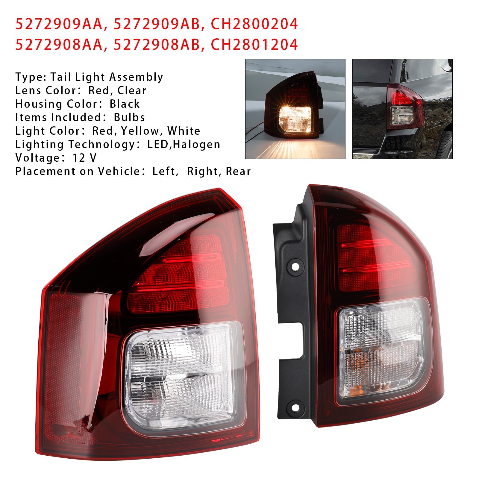 Left+Right Rear Tail Light Rear Lamp Assembly For Jeep Compass 2014-20