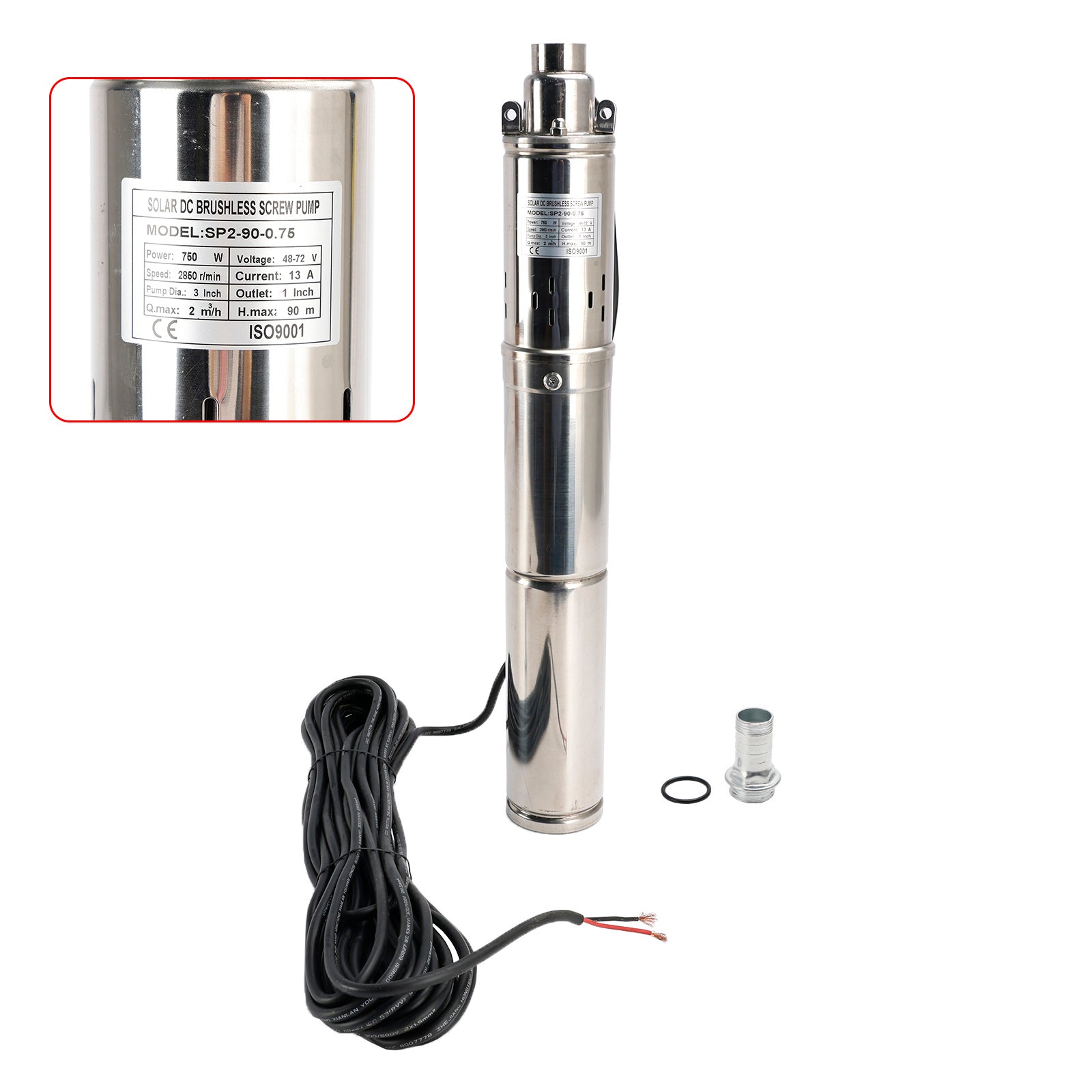 3" 48V 750W Deep Well Solar Submersible Bore Hole Water Pump Built-in