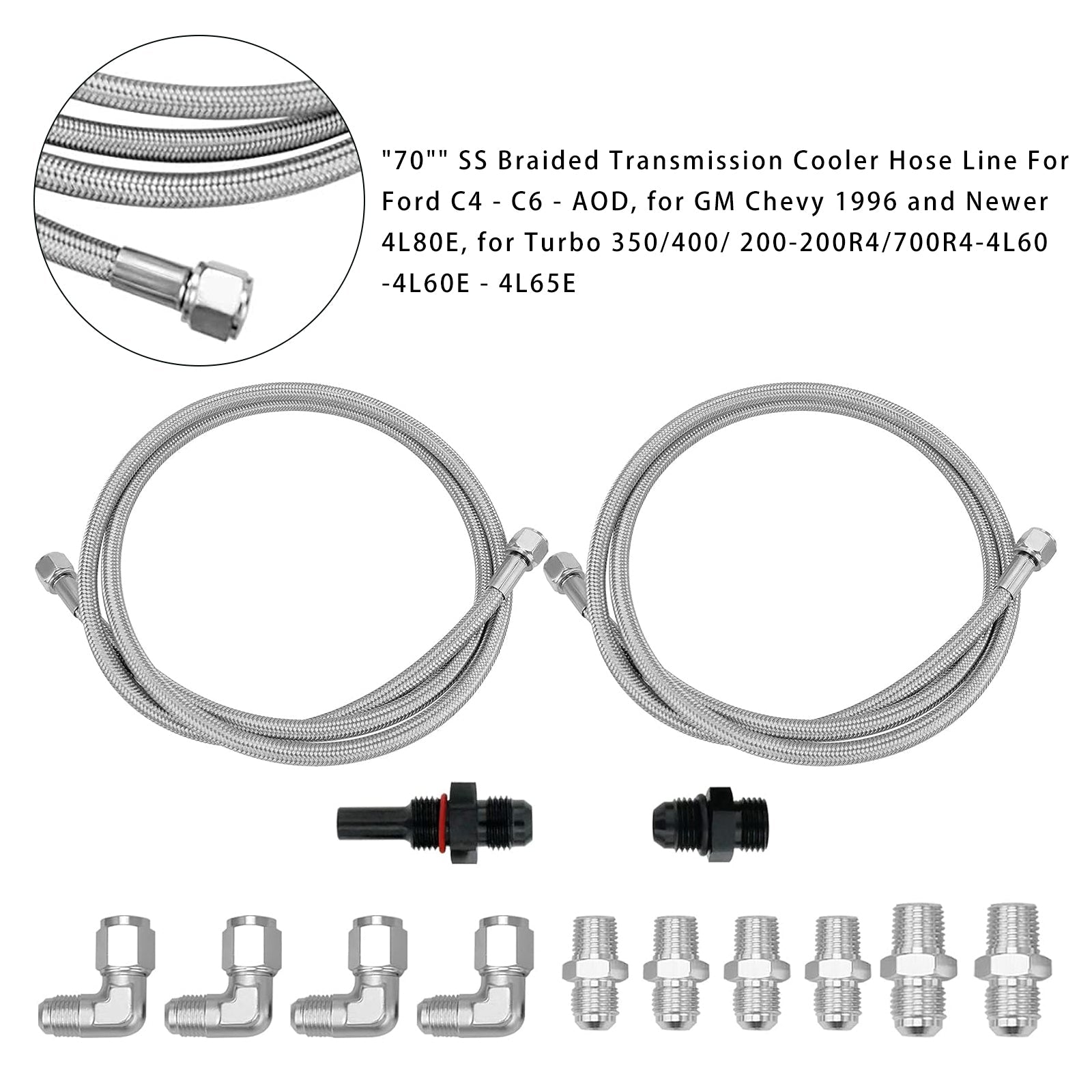 70" SS Braided Transmission Cooler Hose Line For Turbo 700R4-4L60-4L60